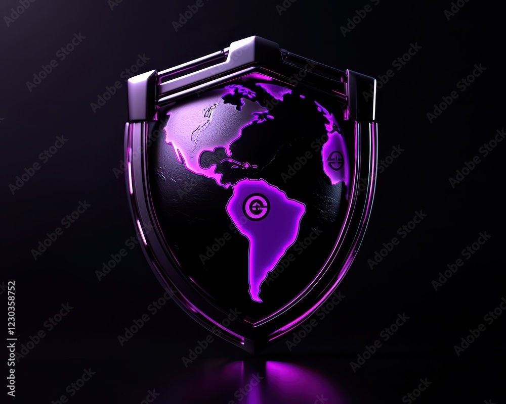 Modern shield design featuring a world map illuminated in purple ...