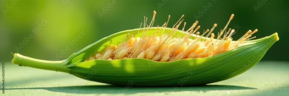 Flax plant pod with flax bast fibers emerging from the top, plant ...