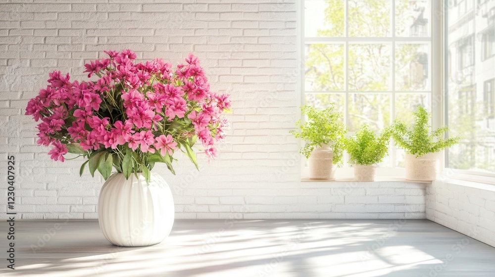 modern minimalist loft interior featuring textured white brick wall ...