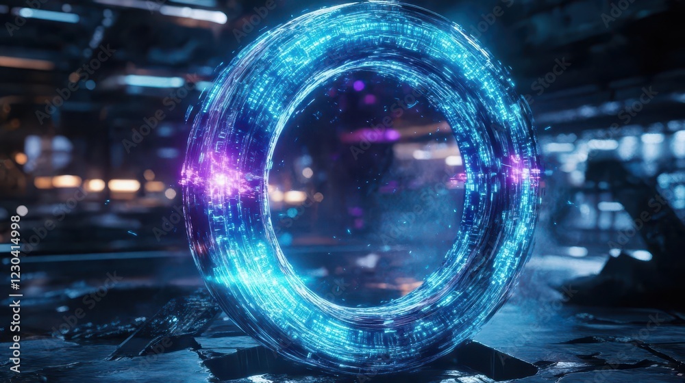 cyberpunk quantum portal ring pulsing with electric blue and violet ...