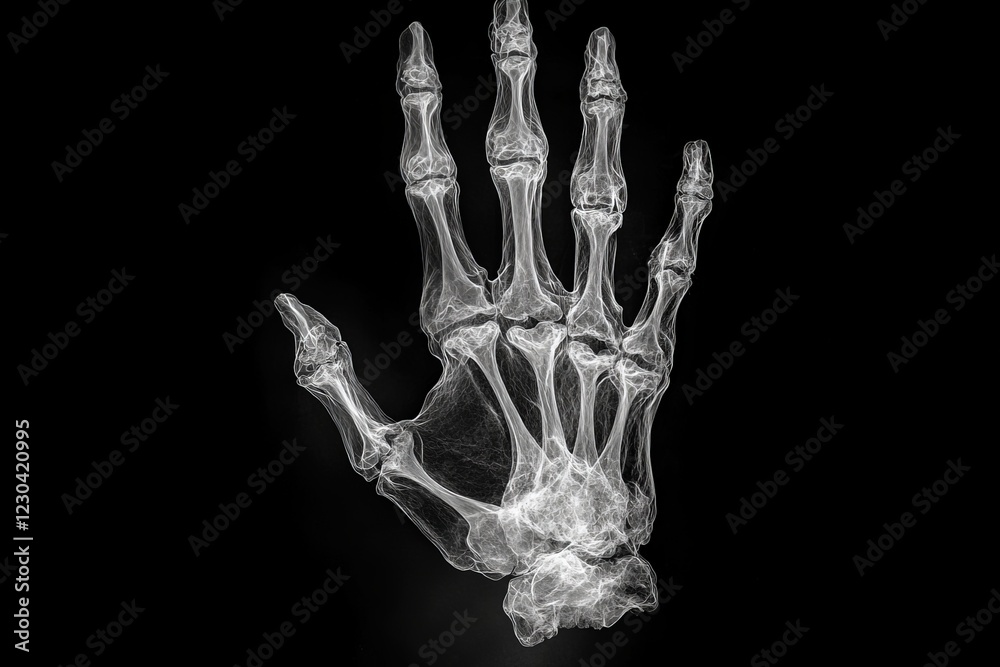 X-ray image showcasing the skeletal structure of a human hand with ...