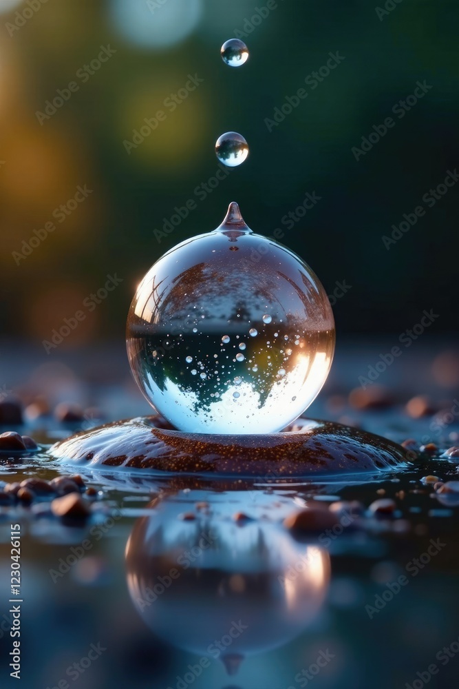 Spherical water droplet falling onto dry ground with loud sound effect ...