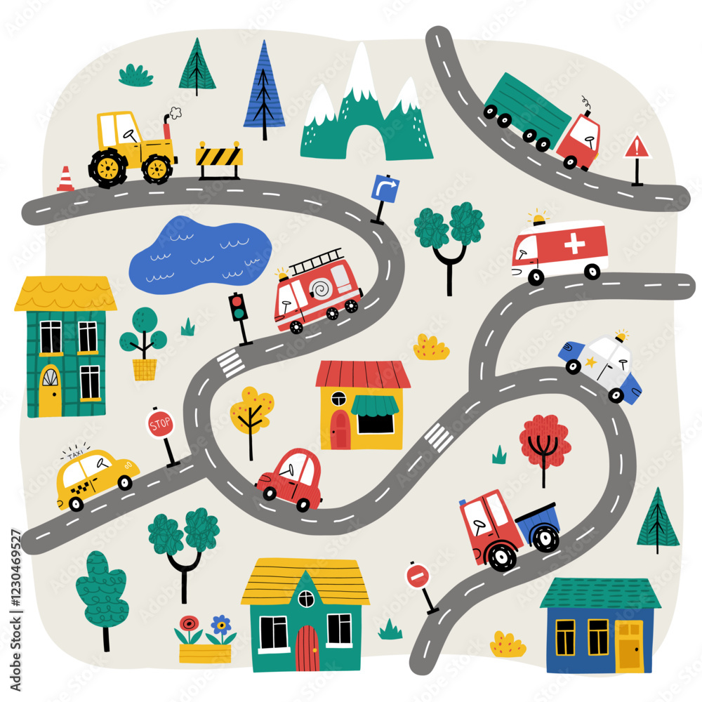 Vector de Stock Cute little town map with cars, houses, mountains ...