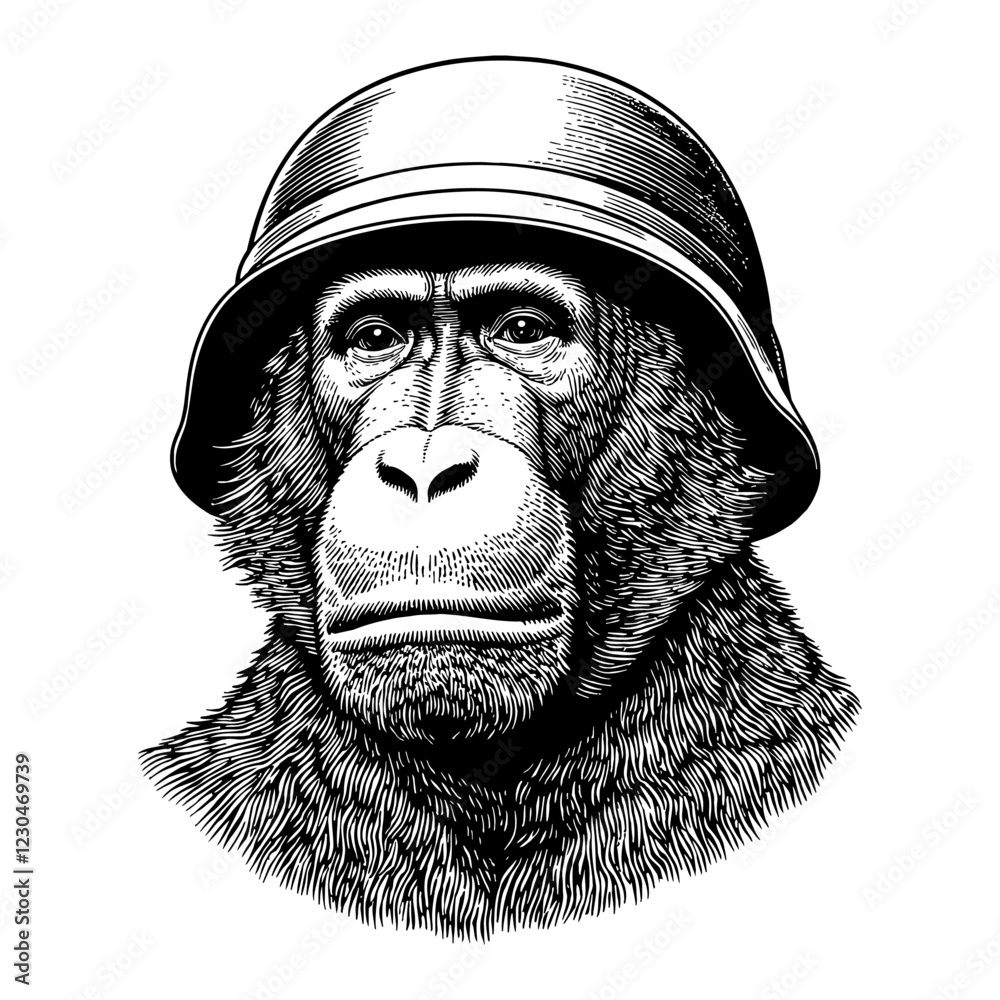 Baboon Monkey Wearing Army Helmet Detailed Front View Black and White ...