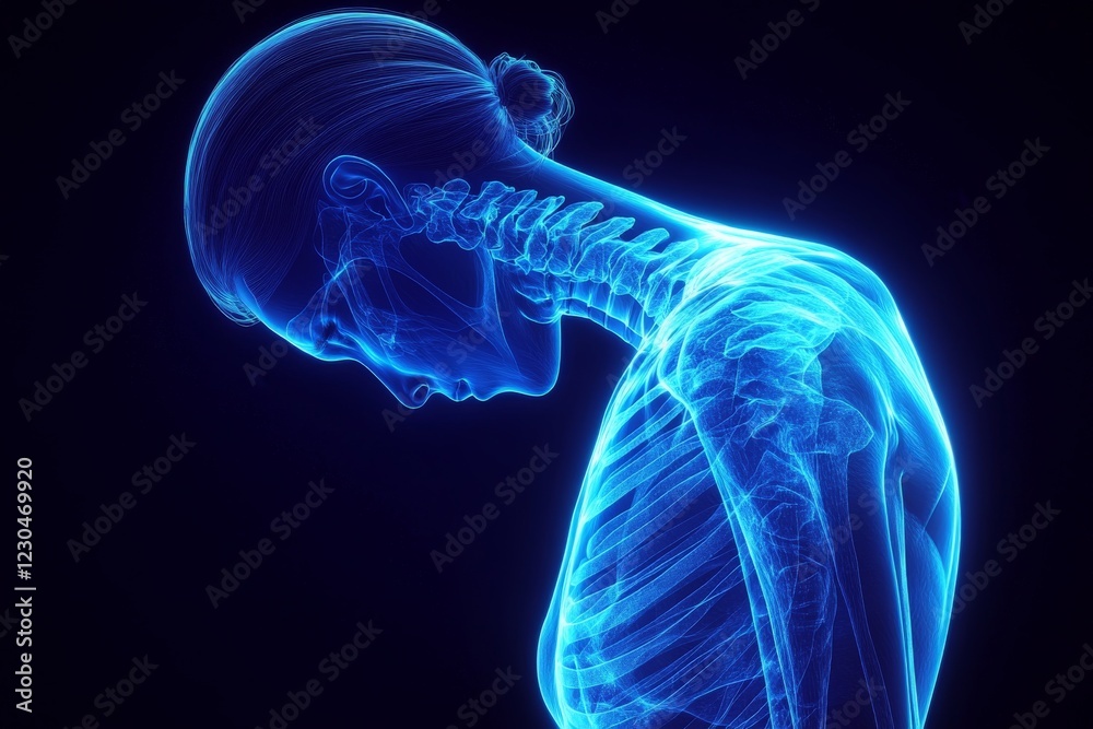 Human skeletal structure depicted in a detailed blue x-ray ...