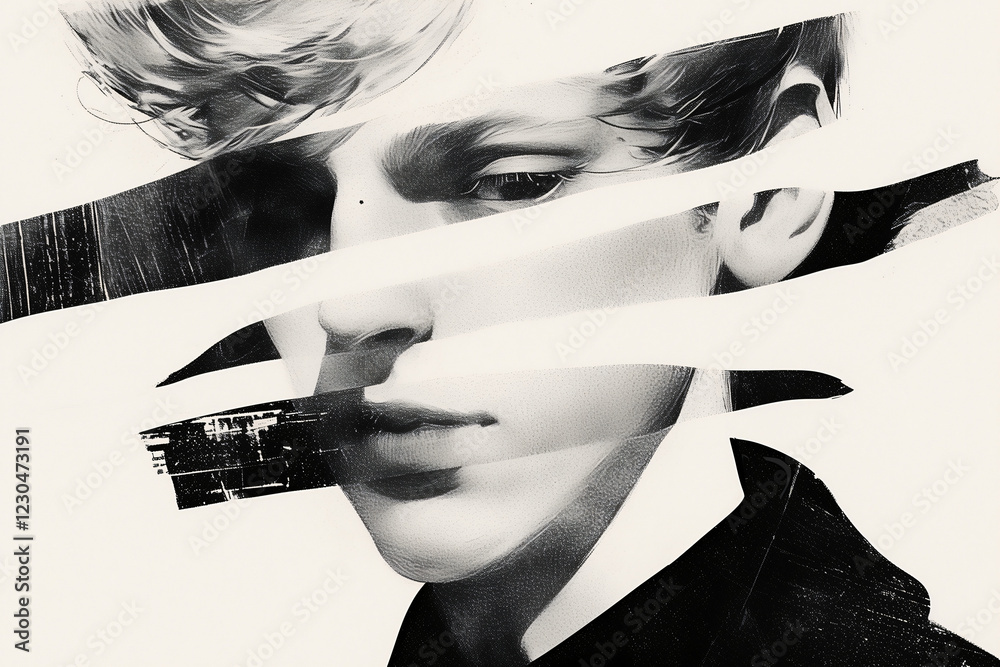 Fragmented Identity: A black and white portrait, a surreal collage of a ...