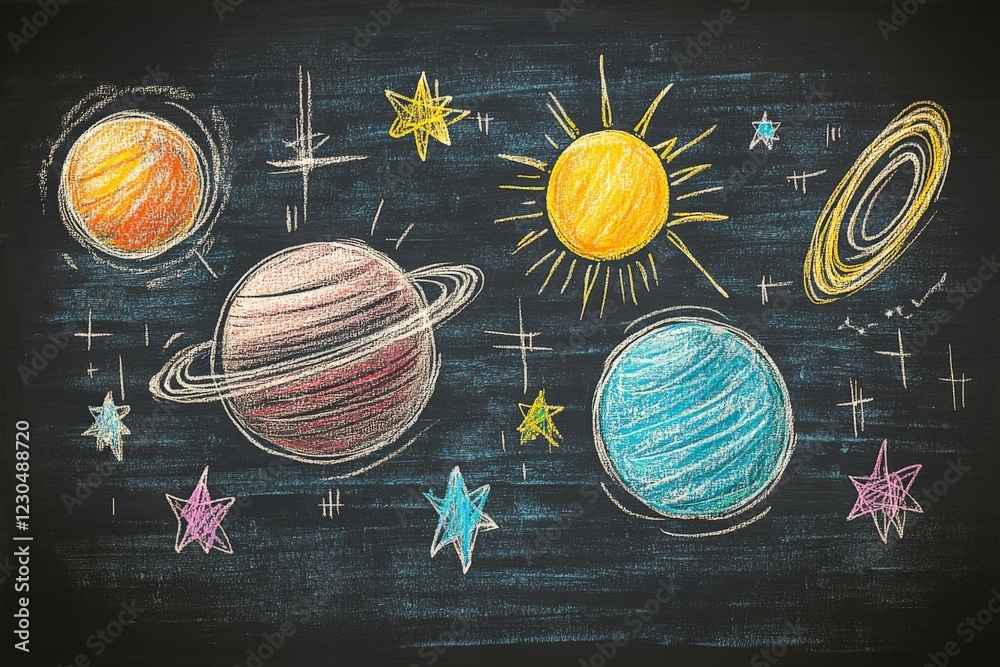 Colorful chalk drawing of planets, stars, and the sun against a black ...