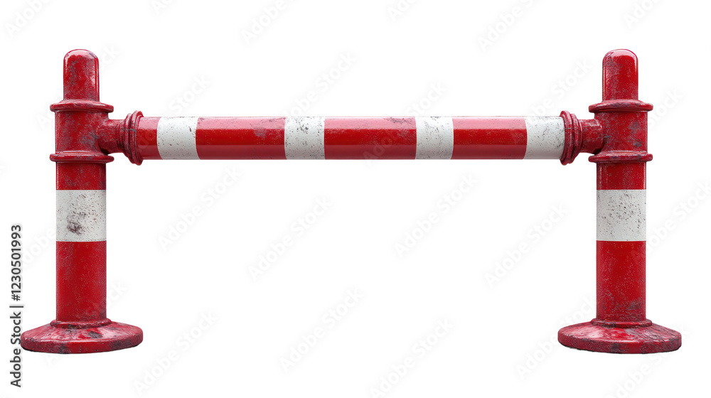 Red and white traffic barrier stands upright in a city area, isolated ...