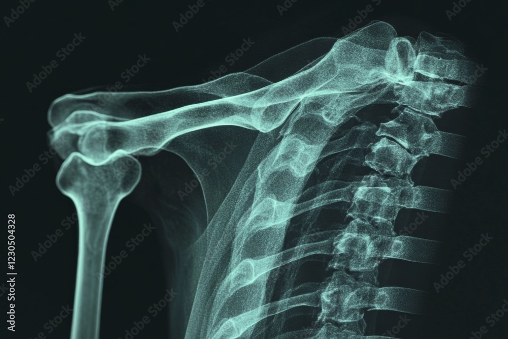 X-ray image of an adult human shoulder and spine showing detailed bone ...