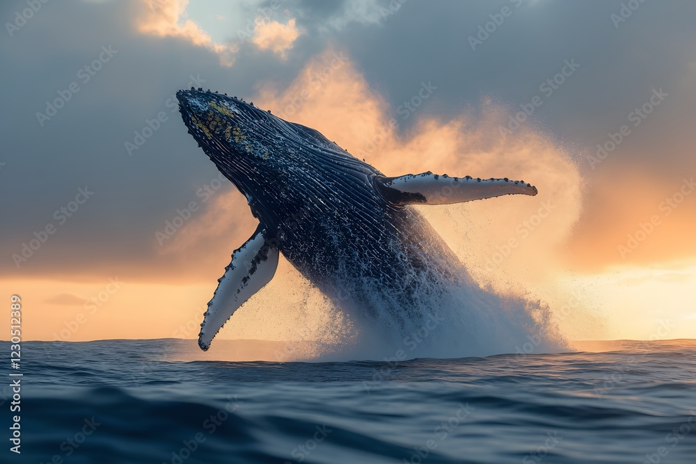 Humpback whale breaching out of the water creating a splash during ...