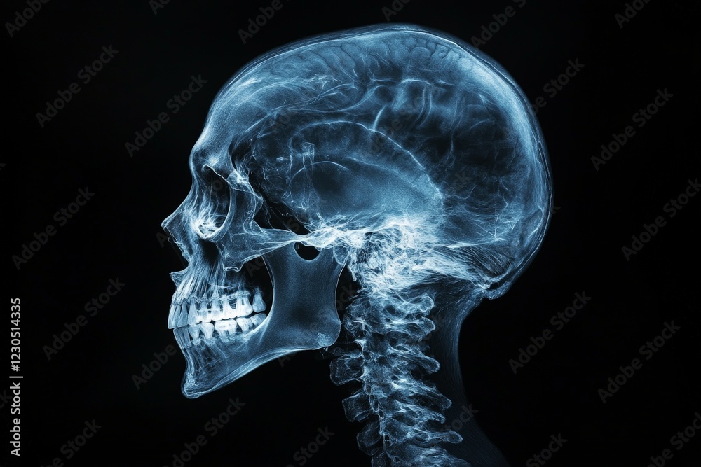 Detailed x-ray of a human skull showing cranial structure and spine ...