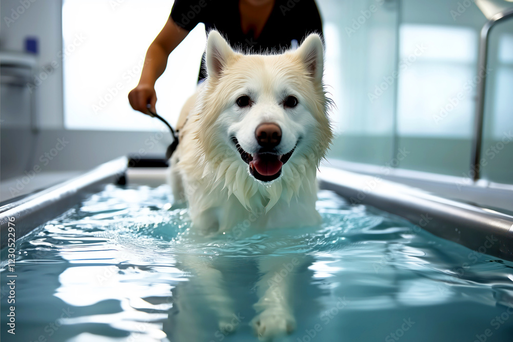 White dog enjoys hydrotherapy treatment in underwater treadmill ...