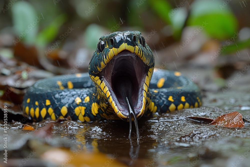 Colorful snake with an open mouth resting on wet ground in a rainforest ...