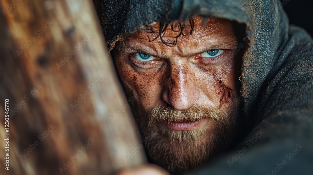 A fearless fighter with unkempt hair and scars, peering from behind a ...