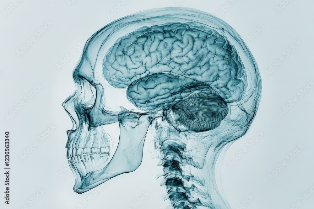 Detailed illustration of a human skull and brain in profile view ...