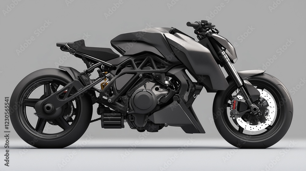 Futuristic black motorcycle with a bold angular design, exposed ...