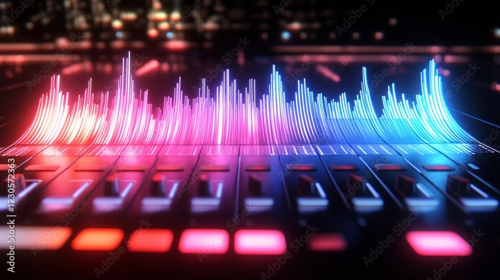 Colorful audio waveform displayed on a digital mixer at night ...