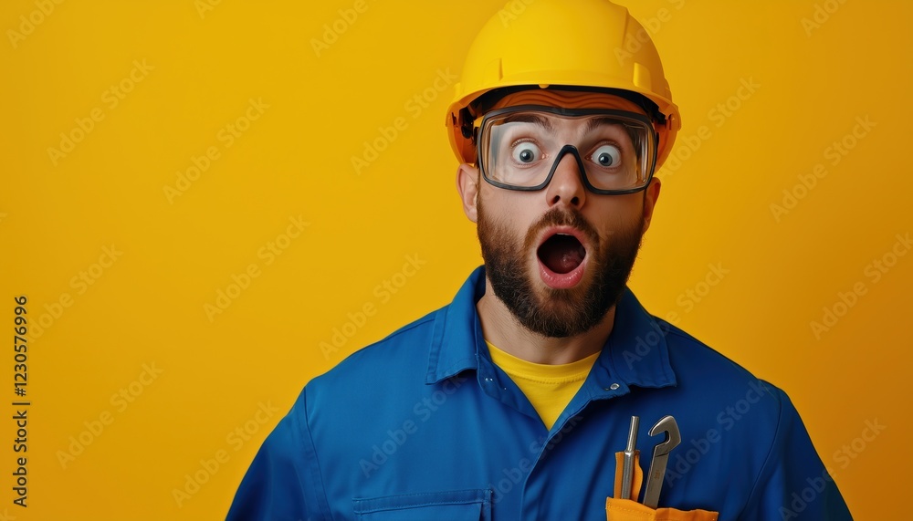 Builder In Yellow Helmet And Blue Uniform Looks Stunned With Mouth ...