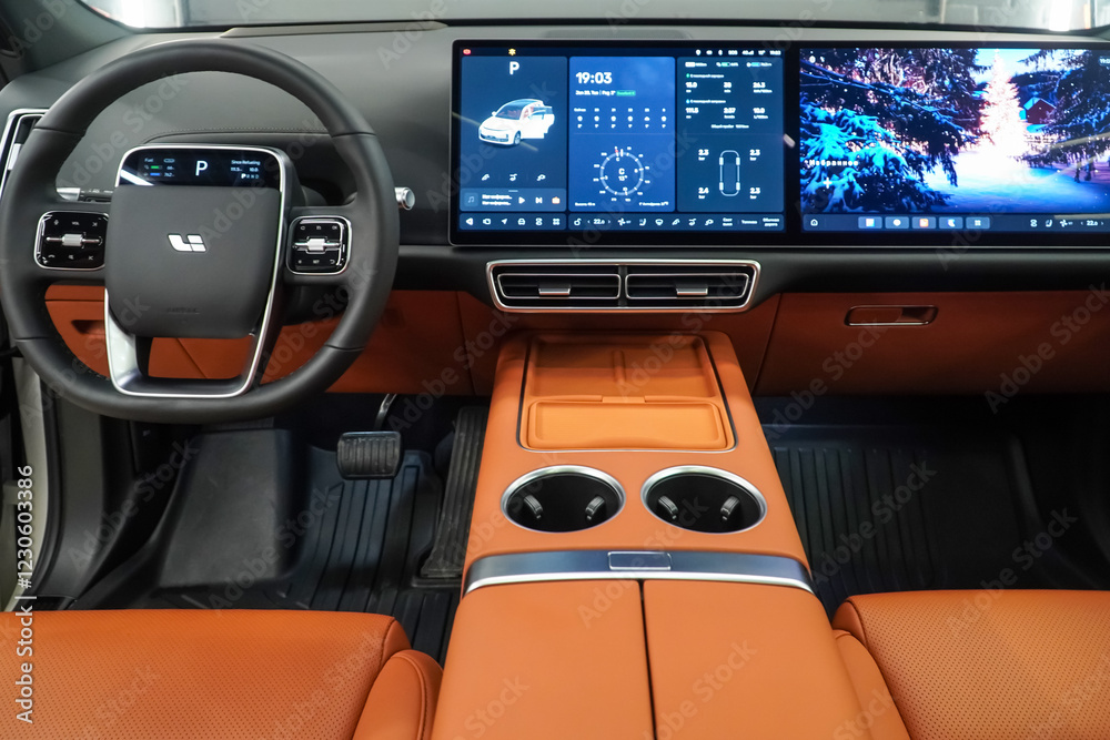 Interior of a car detail SUV Lixiang L7 luxury. Dashboard, steering ...