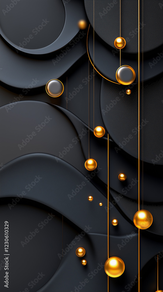 Black background with gold bubbles. Abstract wave background with dynamic flowing curves, and ...