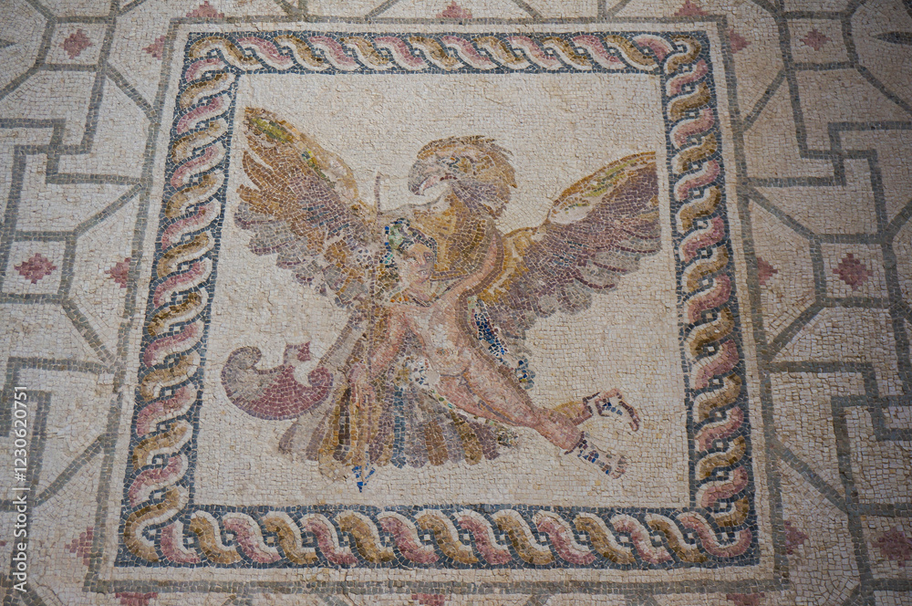 Mosaic art. Zeus and Ganymede. Olympian god turned into an eagle in ...