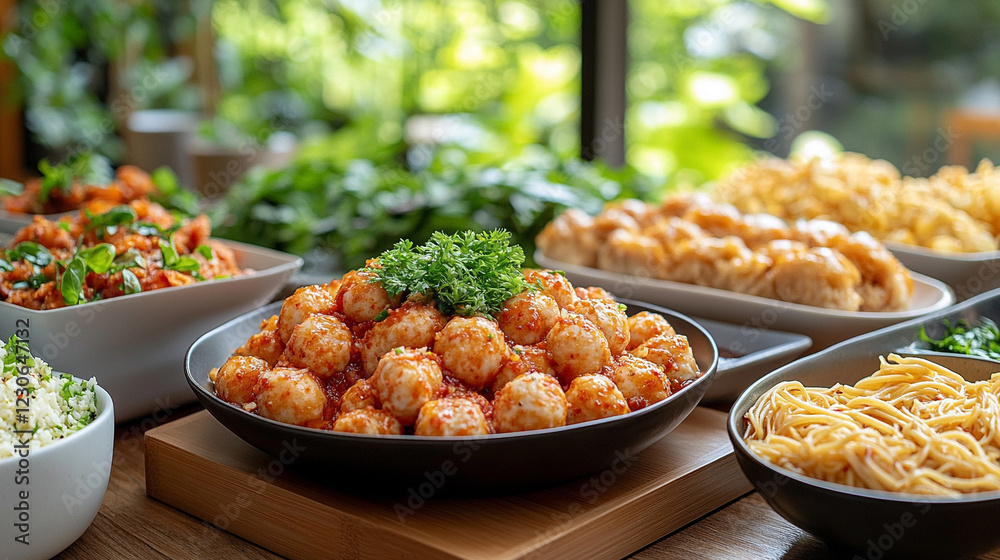 Buffet setup with diverse dishes symbolizing abundance and variety in ...