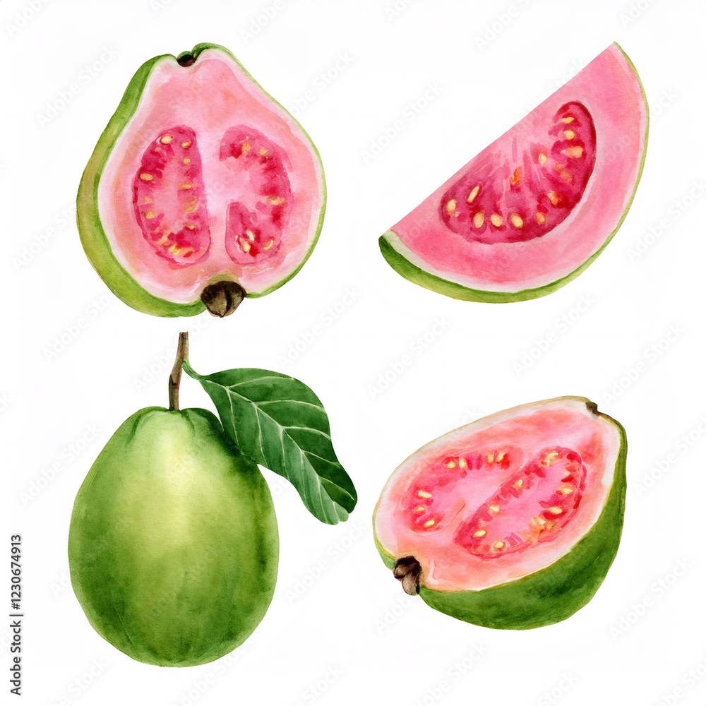Watercolor artwork featuring whole, halved, and quartered guava with ...