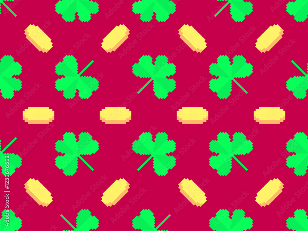 Pixel clover leaves and golden coins seamless pattern for St. Patrick's ...