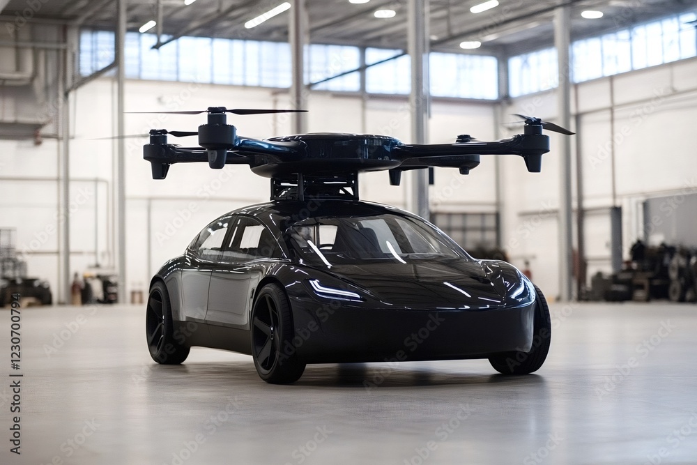 Modern electric vehicle with futuristic design parked inside industrial ...