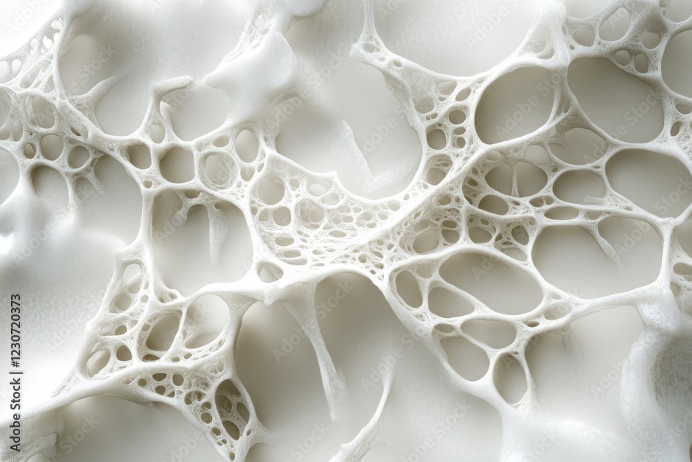 Abstract image of a complex, interconnected, porous structure resembling bone or a network ...