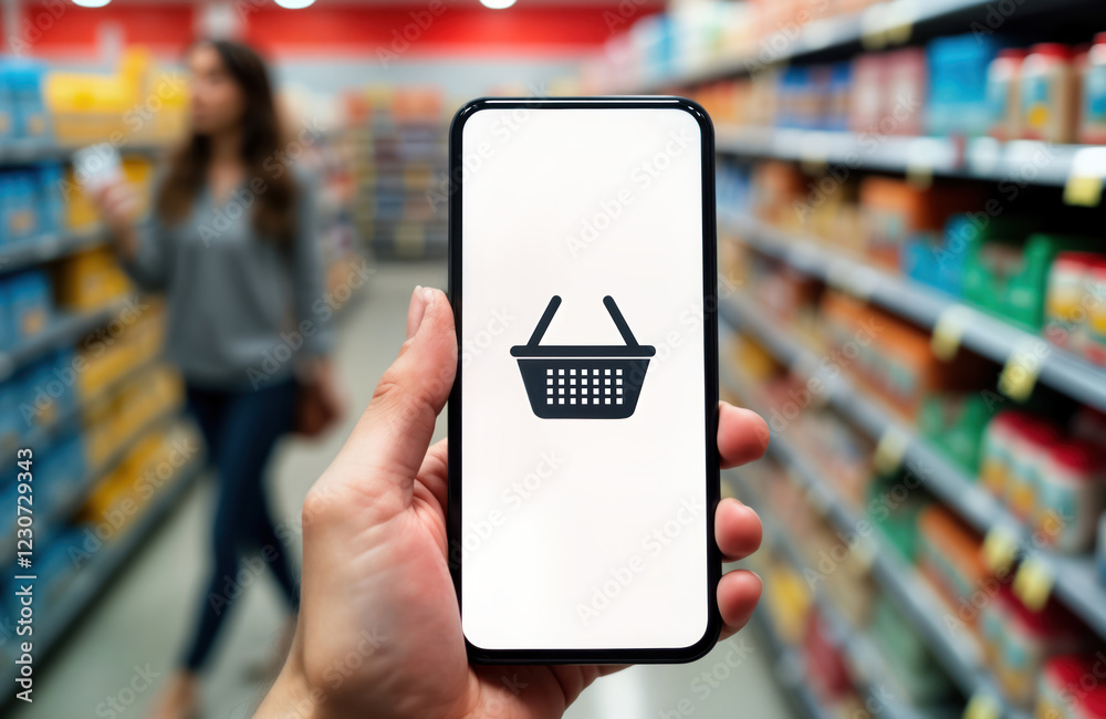 Person holds smartphone with shopping basket icon on screen. Blurred ...
