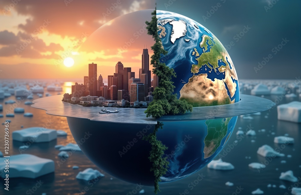Illustration Stock Earth globe shows rising sea levels, melting ...