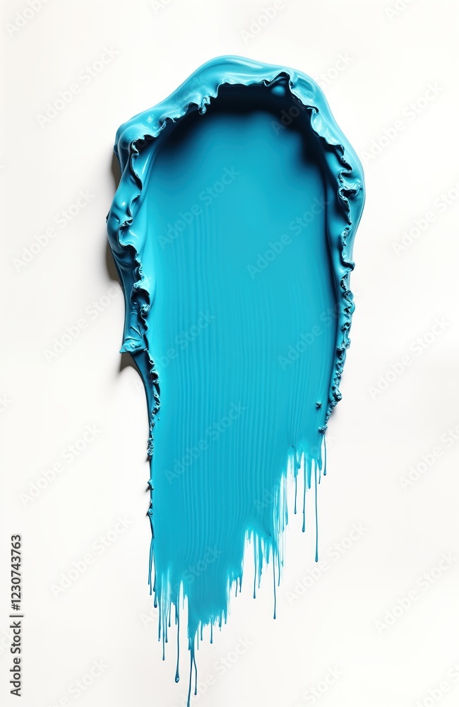 Bright teal acrylic paint smudge on white background. Paint drips ...