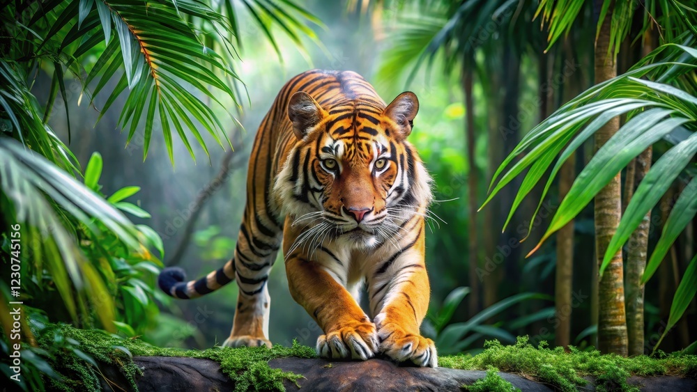 Majestic Malayan tiger stretches its legs in the dense undergrowth of a ...