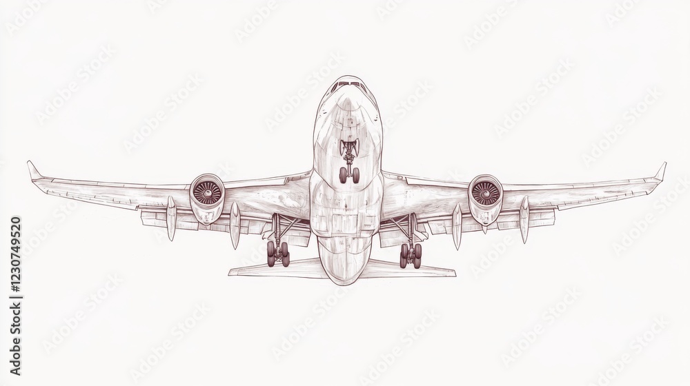 Detailed pencil sketch of a wide-body passenger jet, front view ...