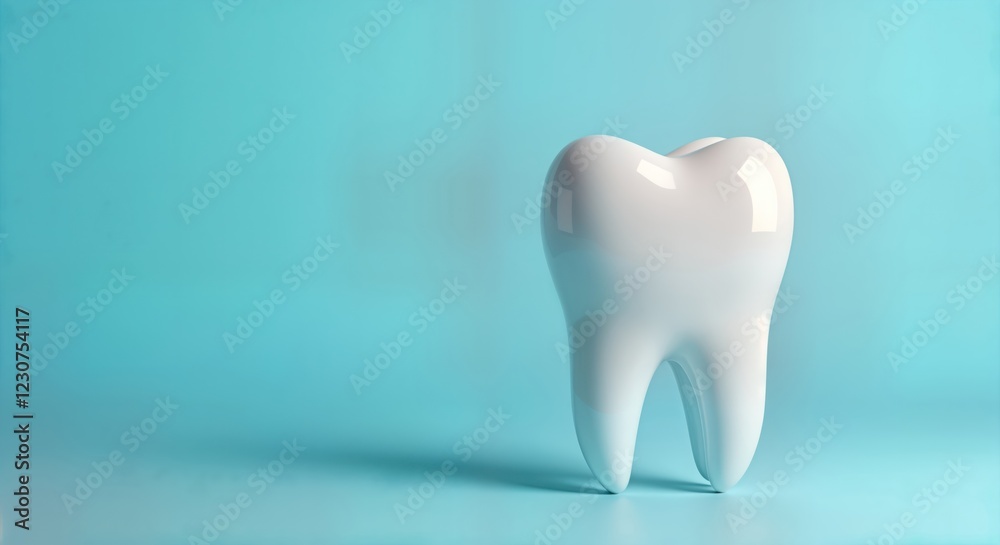 White tooth isolated on bright blue background. Minimalist design ...