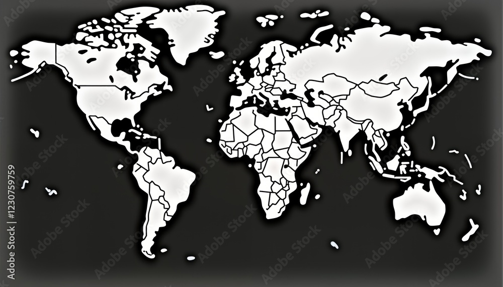 Simple world map drawing on black background. Stylized outline design ...