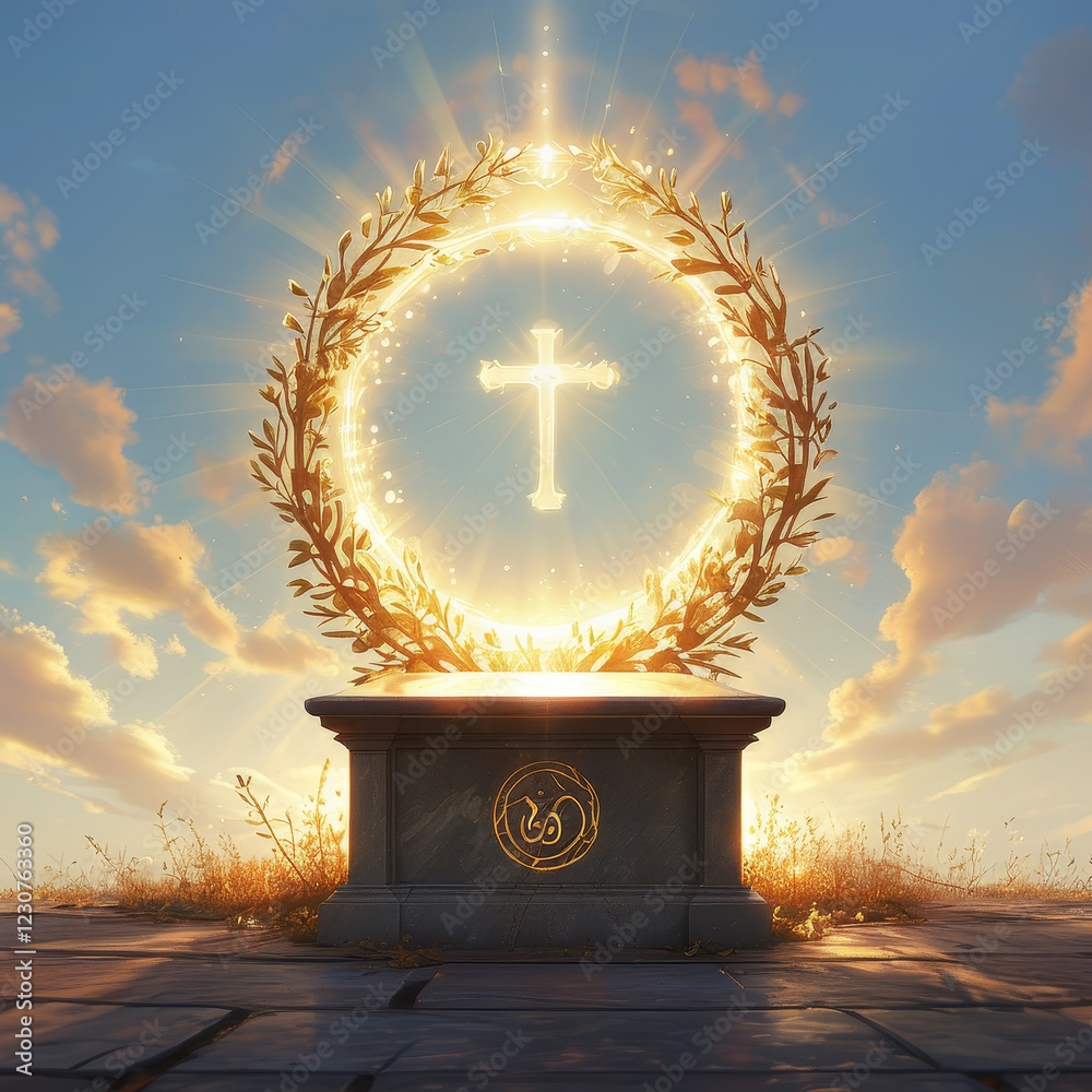 Easter themed product display podium background, Sacred light glow ...