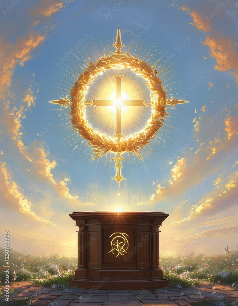 Easter themed product display podium background, Sacred light glow ...