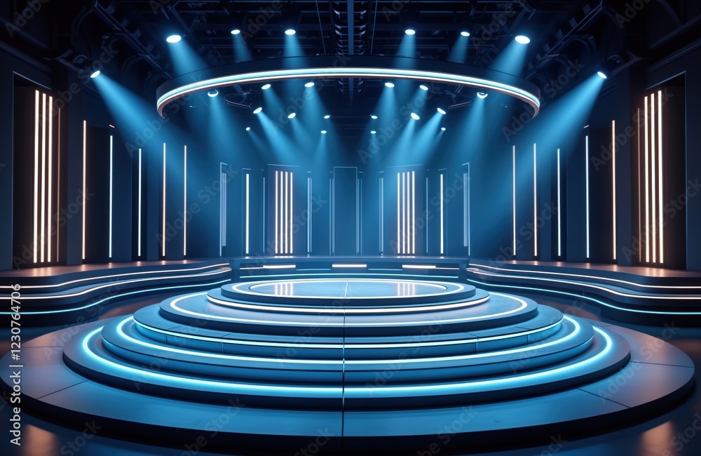 Futuristic stage design with vibrant blue lighting. Circular platform ...