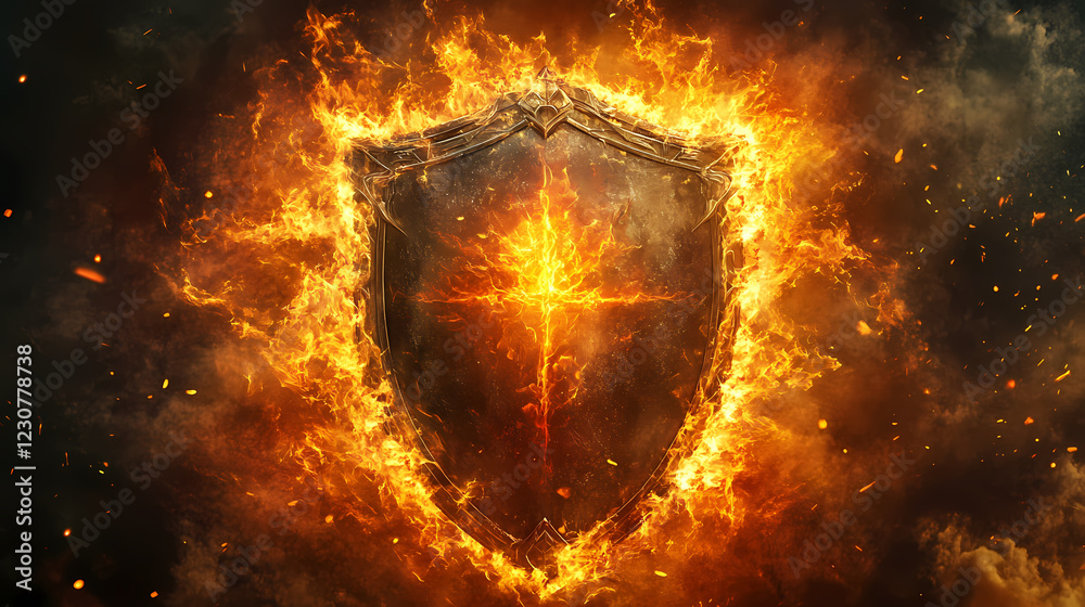 Enchanted shield with eternal fire, consuming every threat in its path ...