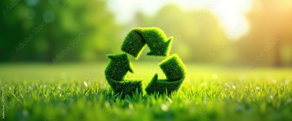 Eco-friendly recycling symbol made of rich green grass. Natural colors ...