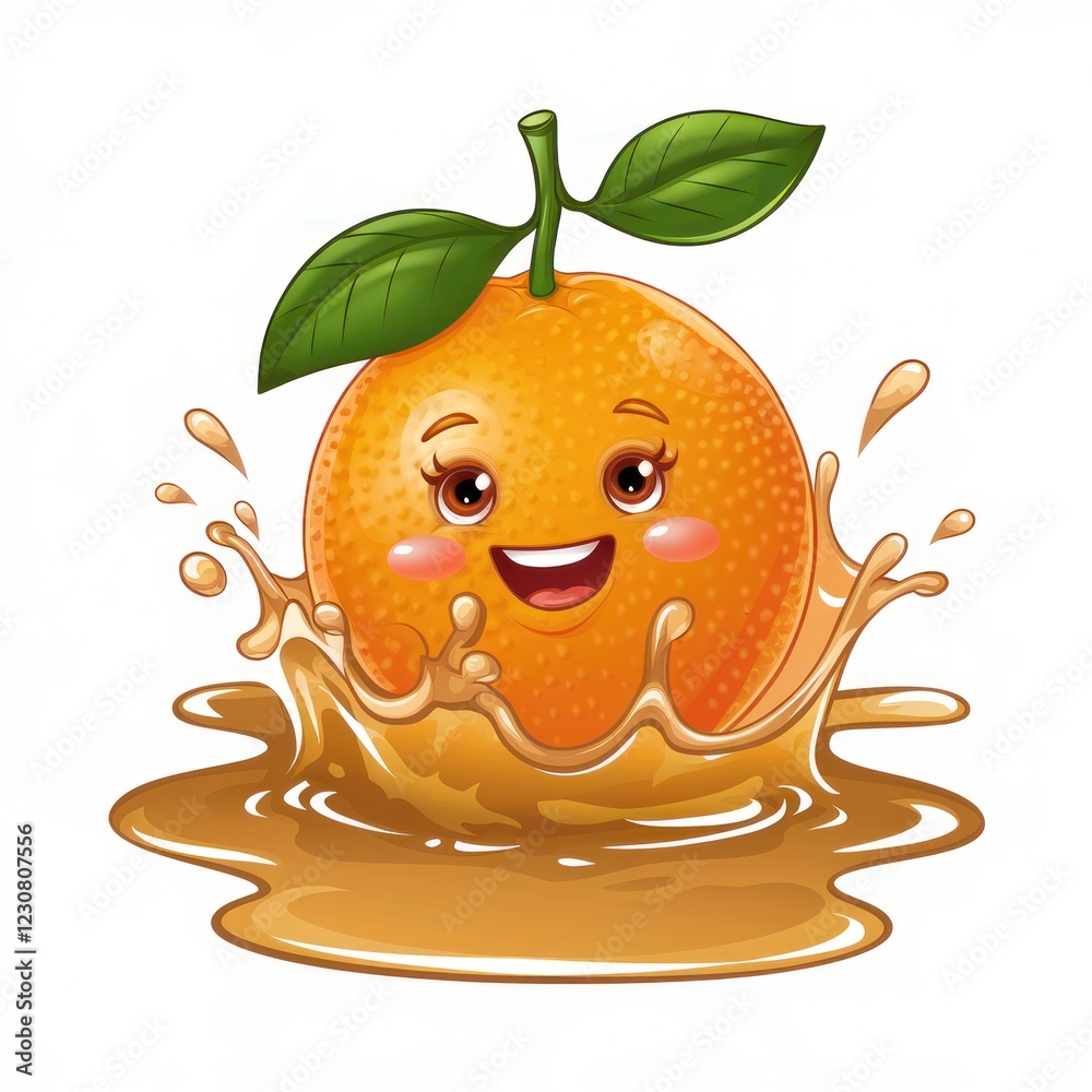 cute orange cartoon with smiling face and leaves emerging from a pool ...