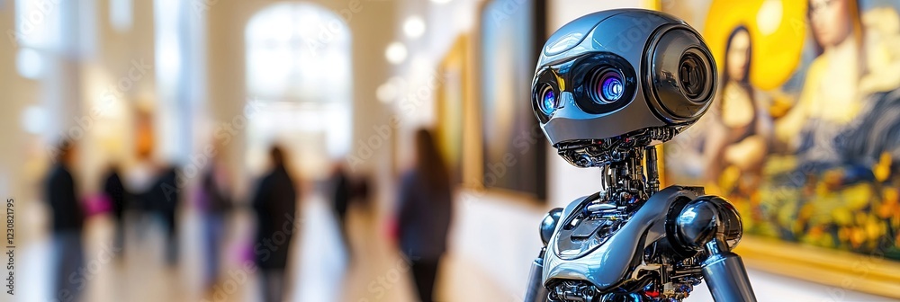 Robot standing in museum with Mona Lisa, Starry Night, David Statue ...