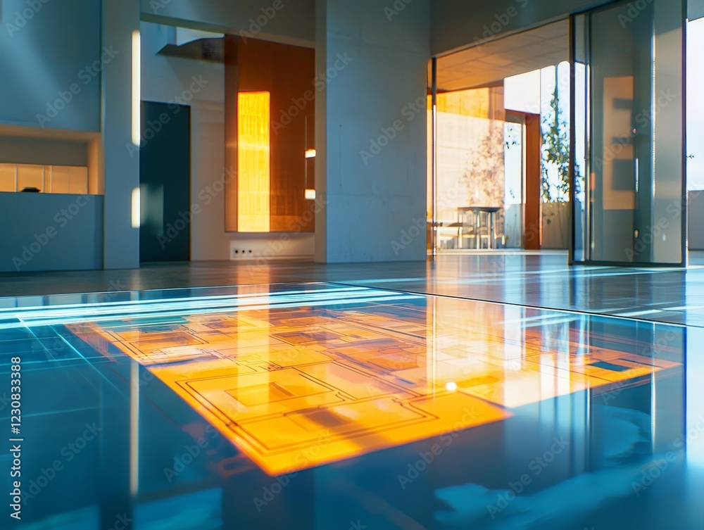 High-tech workspace with holographic floor plan floating above a glass ...