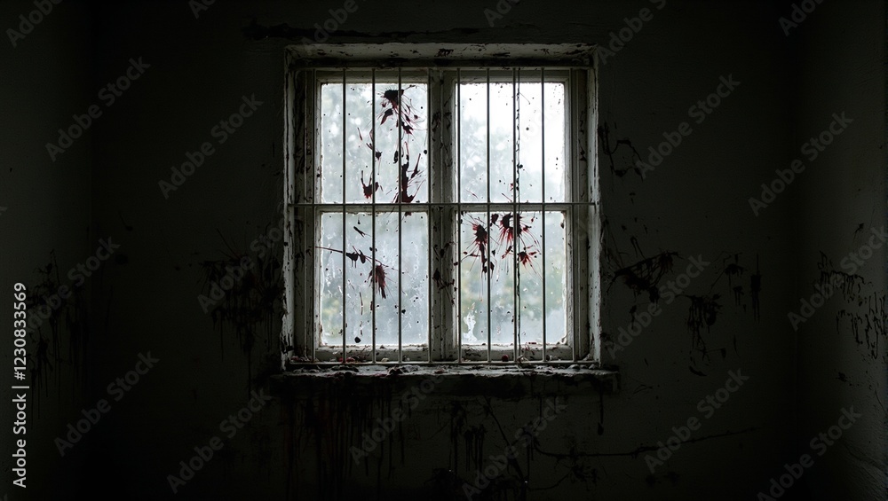 Eerie room in abandoned asylum with bloody window smears Stock Photo ...
