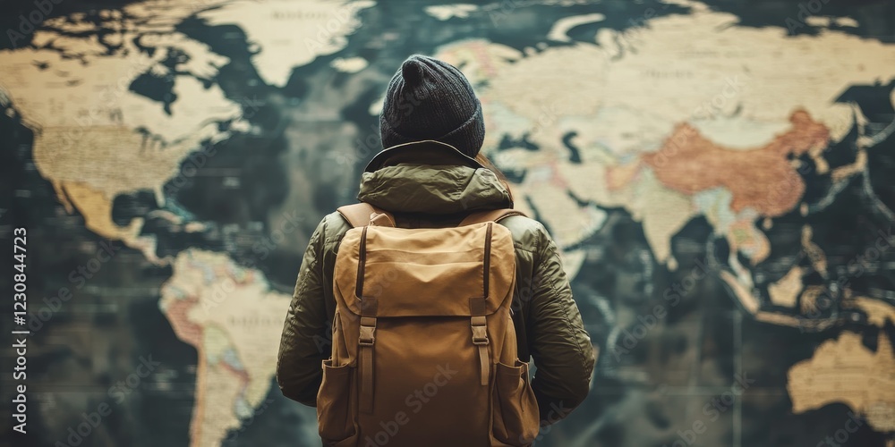Exploring the world with curiosity while standing before a detailed map ...