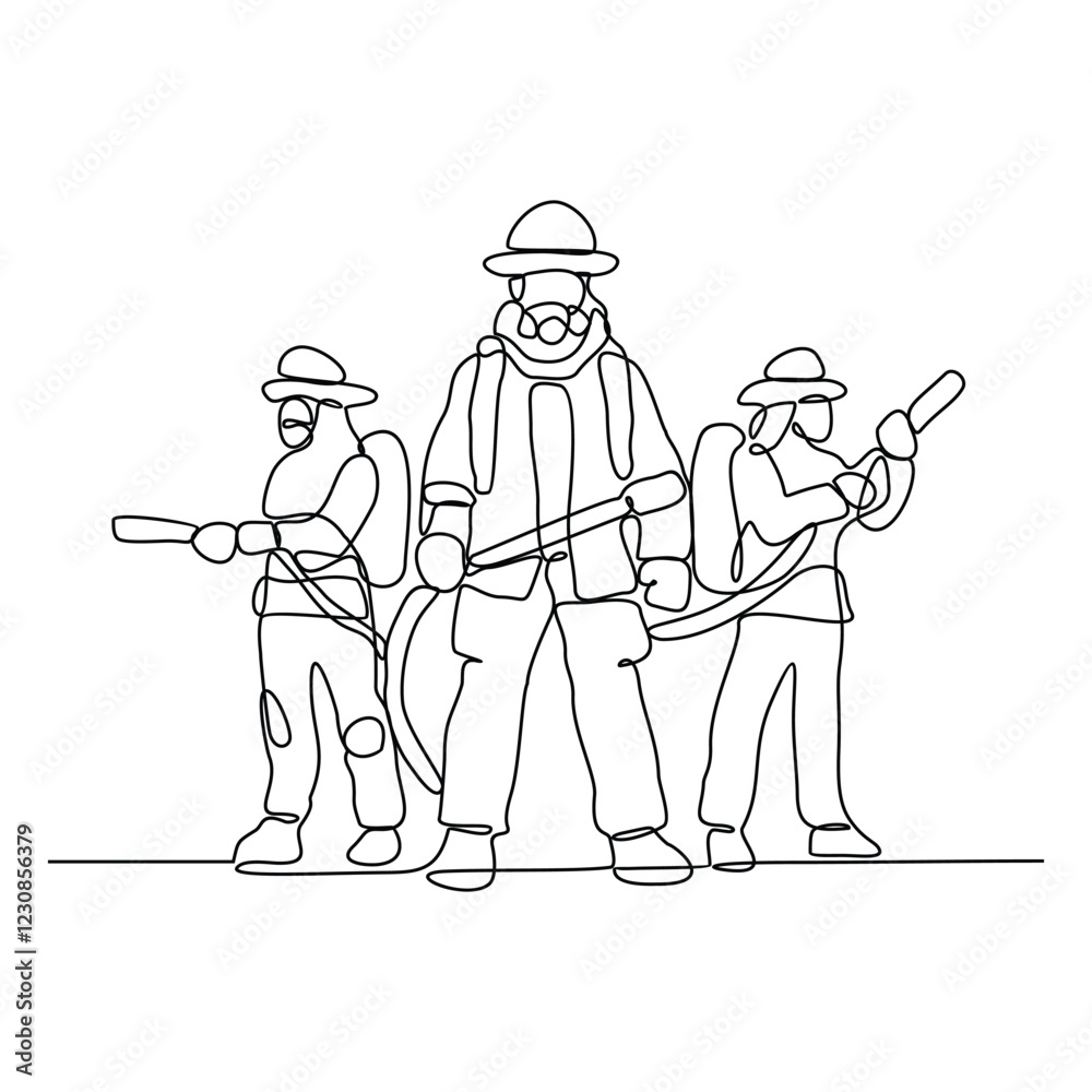 One continuous line drawing of The fire fighter brigade is on duty to ...