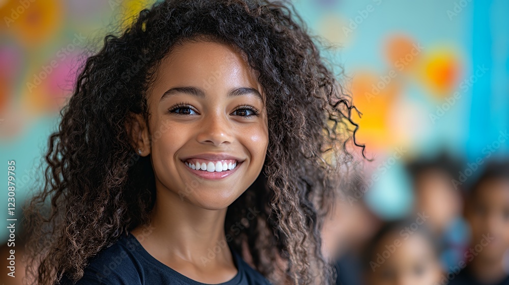 Young Girl With Curly Hair Smiles Brightly in Colorful Classroom ...