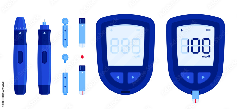Set of blue glucose monitoring kit with glucometer, lancing device ...